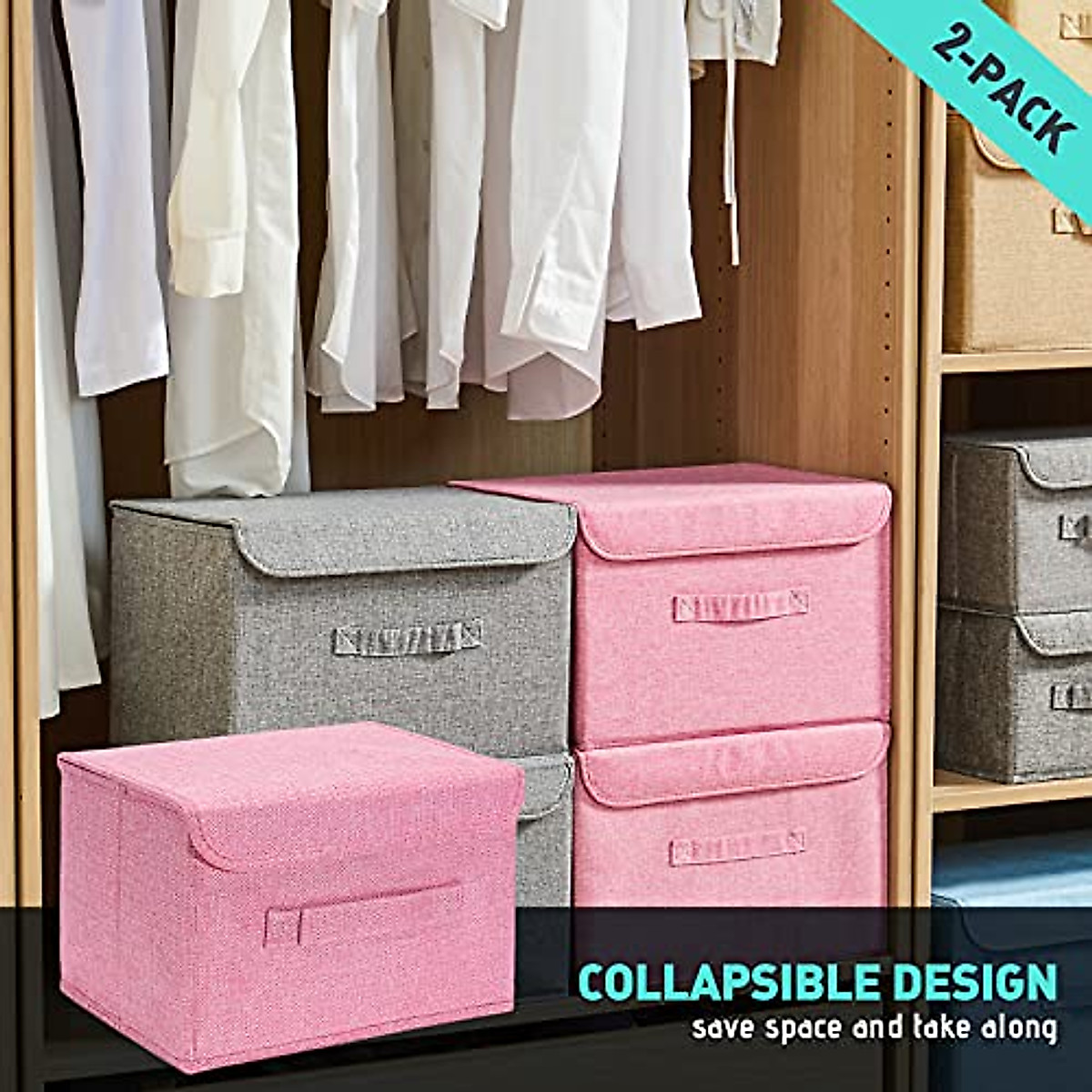 FUDDE foldable fabric storage box[2-Pack] dust-proof storage boxes with flip lid, can store clothes, shelves, books and toys, used in family bedroom closet storage boxes. (M, PINK)