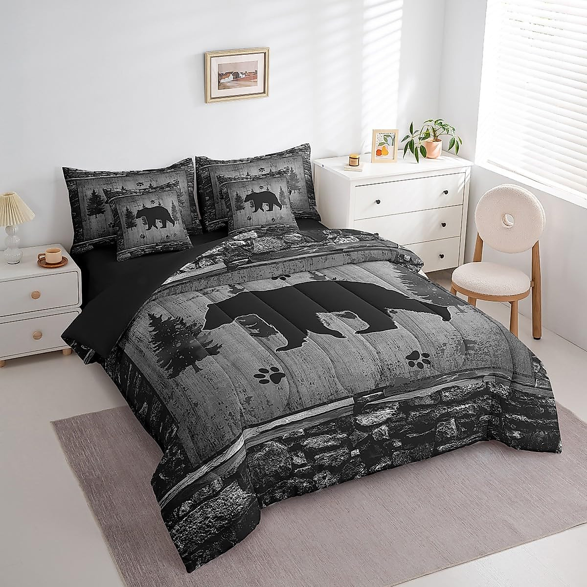 Feelyou Bear Comforter Set with Sheets Full Size 7 Piece Kids Rustic Bear Bedding Set Cabin Lodge Bear Bed in a Bag Farmhouse Nature Wildlife Bear Grey Bed Set