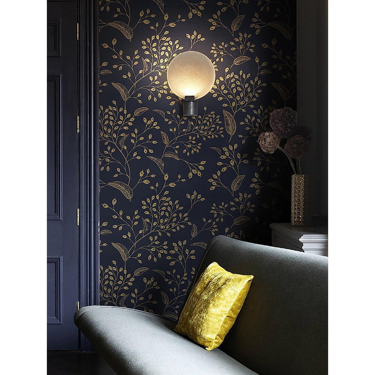 Heroad Peel and Stick Wallpaper Dark Blue Contact Paper Gold Floral Wall Paper Modern Boho Removable Contact Paper for Cabinets Drawers Bedroom Self Adhesive Vinyl Papel Tapiz para Pared 118" x 17.3"