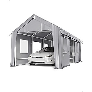 GarveeLife Windproof Carpor, 13'x20', Reinforced Frames & 180 g PE Canopy, Front & Rear Doors, Portable Garage for Pickup, Boat, Equipment - Gray