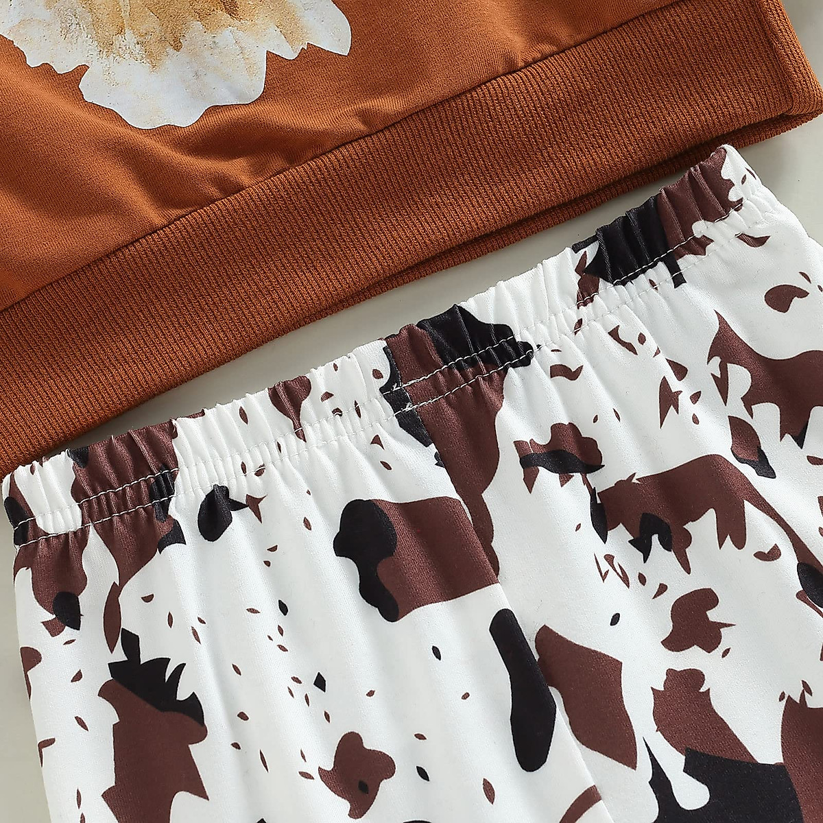 Baby Girl Western Farm Clothes Long Sleeve Floral Cow Sweatshirt Flare Pants Set Toddler Girls Outfit Fall Winter (Caramel Color, 9-12 Months)