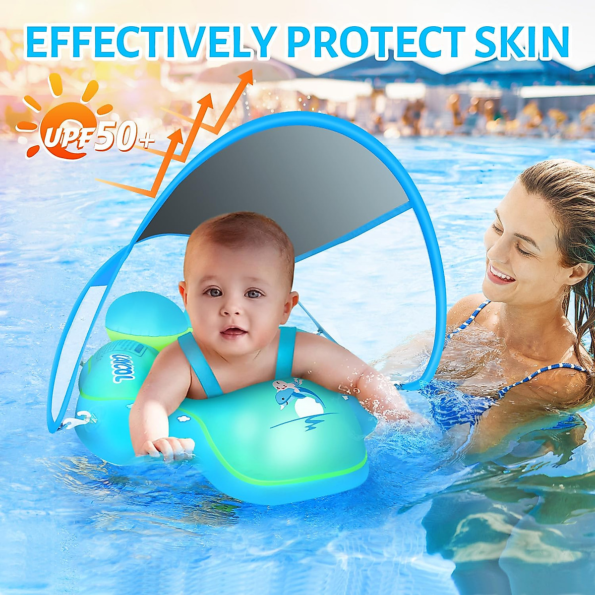LAYCOL Baby Swimming Pool Float with Removable UPF 50+ UV Sun Protection Canopy,Toddler Inflatable Pool Float for Age of 3-36 Months,Swimming Trainer (Blue, L)