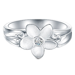 BORUO 925 Sterling Silver Ring, Plumeria Cubic Zirconia CZ Hawaiian Flower Comfort Fit Wedding Band Ring Size 9