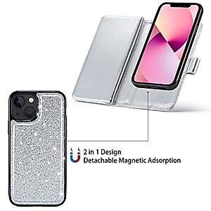 Varikke iPhone 13 Wallet Case, Glitter PU Leather with Card Holder, Detachable Cover, Kickstand & Strap - Silver