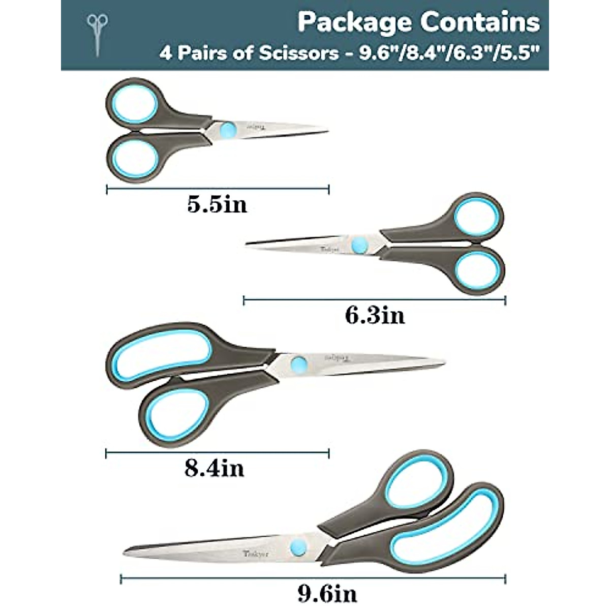 Teskyer Scissors Set of 4 Pack, 4 Sizes All-Purpose Stainless Steel Scissors with Comfort Soft Grip for Craft, School, Office and Family Daily Use, 9.6"/8.4"/6.3"/5.5", Blue & Grey