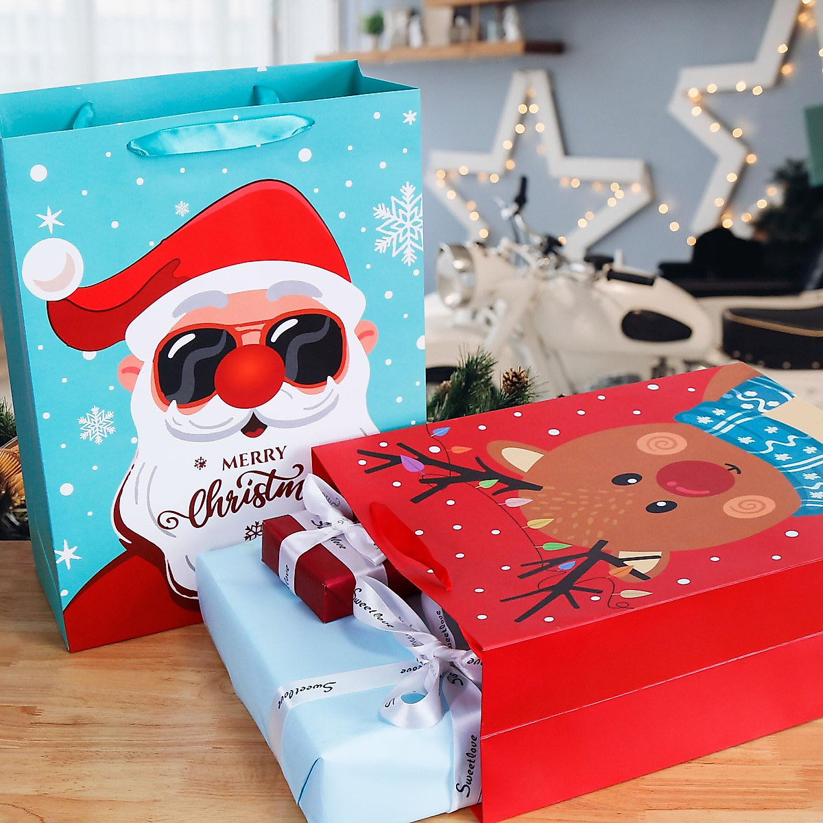 4 Pack 16.5" Extra Large Christmas Gift Bags, Xmas Paper Bags With Handles and Tissue Paper, Reusable Holiday Bags Bulk for Present Wrap Decor