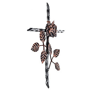 Top Brass Decorative Floral Wall Cross - Welded Wrought Iron - Leaves, Branches and Flowers Religious Metal Art Sculpture - Antique Silver/Copper Finish (Leaves and Rose)