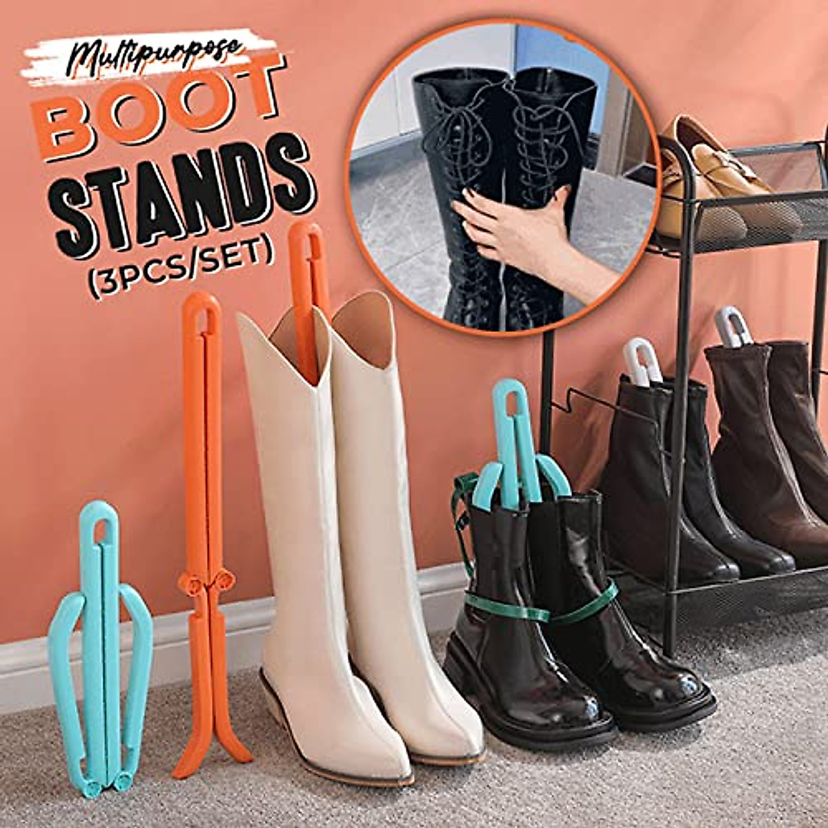 dazeni Folding Boot Shaper for women,Boots Knee High Shoes Clip Support Stand Storage Organizer,Boots Inserts Shape Holders -3PACK (Blue)