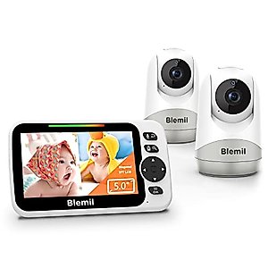 Blemil Baby Monitor,Split-Screen Video Baby Monitor with Cameras and Audio, Remote Pan/Tilt/Zoom, Two-Way Talk, Room Temperature Monitor, Auto Night Vision, Power Saving/Vox, Lullabies (BL9052-2)