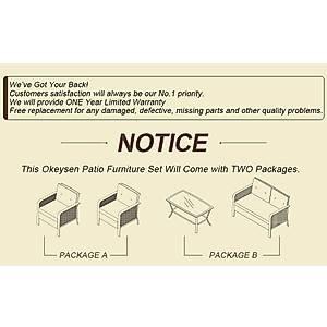 Patio Furniture Set Outdoor Furniture - 4 Pieces Wicker Patio Conversation Sets with Loveseat, Rattan Seating Outside Patio Set Coffee Table Chair for Lawn, Deck, Balcony, Backyard. (Light Grey)