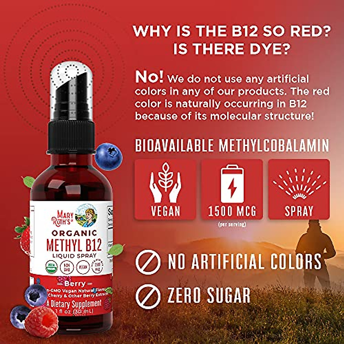 Vitamin B12 Spray | USDA Organic Vitamin B12 Liquid Spray | B12 Vitamin Supplement Liquid for Nerve Function | Liquid Vitamin B12 for Energy Support | Vegan | Non-GMO | Gluten Free | 1 Fl Oz