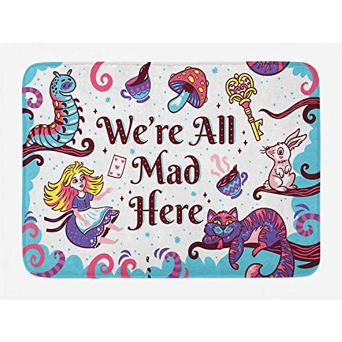 Cute Girl Cartoon Bath Mat, We are All Mad Here Words with Caterpillar White Rabbit Cheshire Cat, Bathroom Rugs Soft Bath Rugs Non Slip, Washable Cover Floor Rug, 24" X 16", Blue Purple