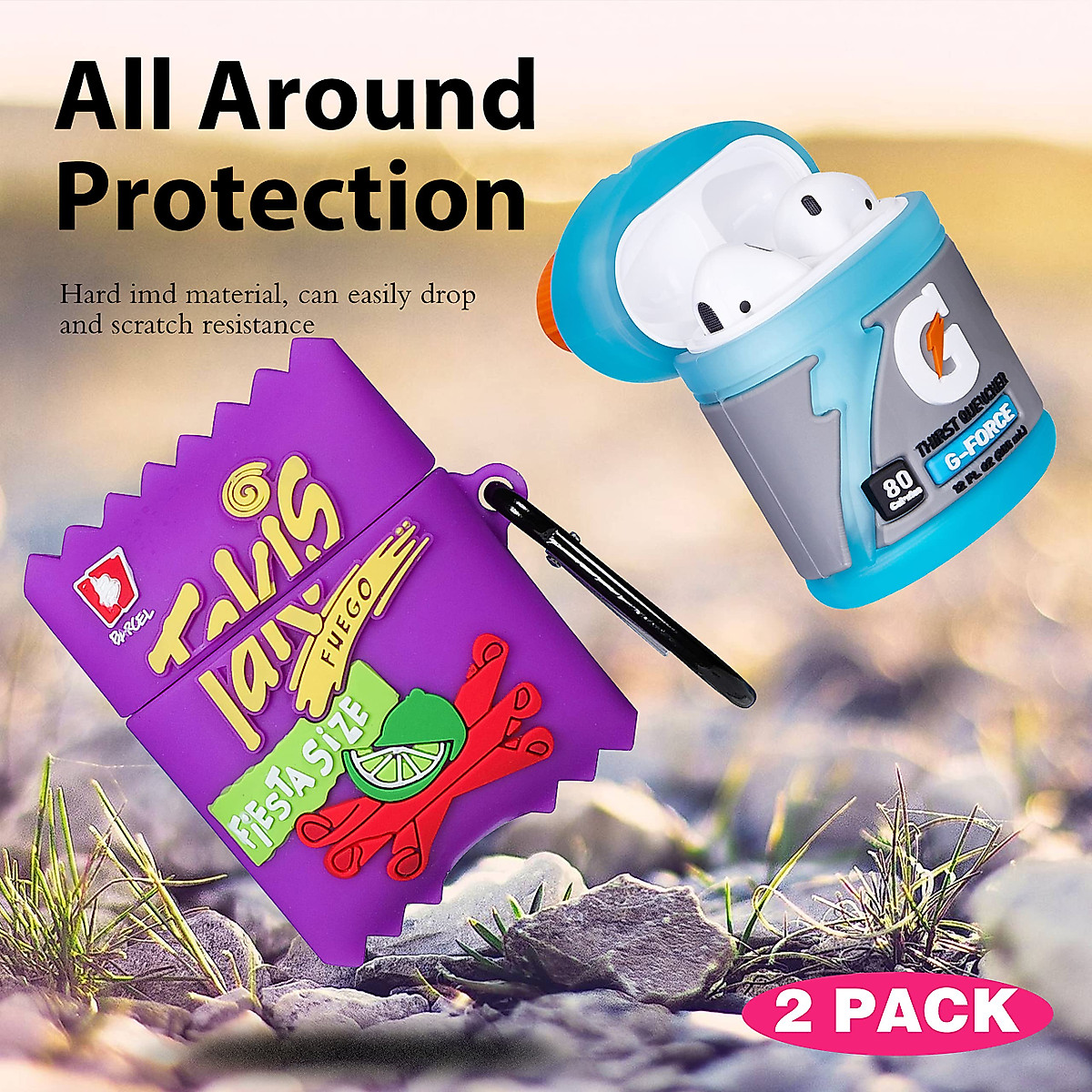 2 Pack Gkv for Airpods 2/1 Case for Airpod Cover Funny Fun Kawaii Cute Unique 3D Cartoon Girly Design Air Pods 2nd/1st Silicone Cases for Girls Teen Boys Kids(Blue Drink&Purple Candy)
