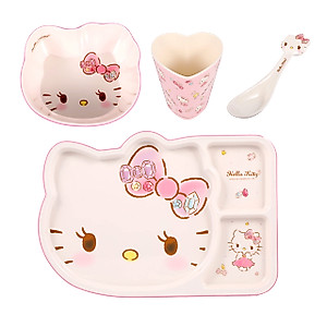 Hello Kitty Cute Deluxe Pink Dinnerware Flatware Meal Set – Plate Bowl Cup Spoon, 4 pieces