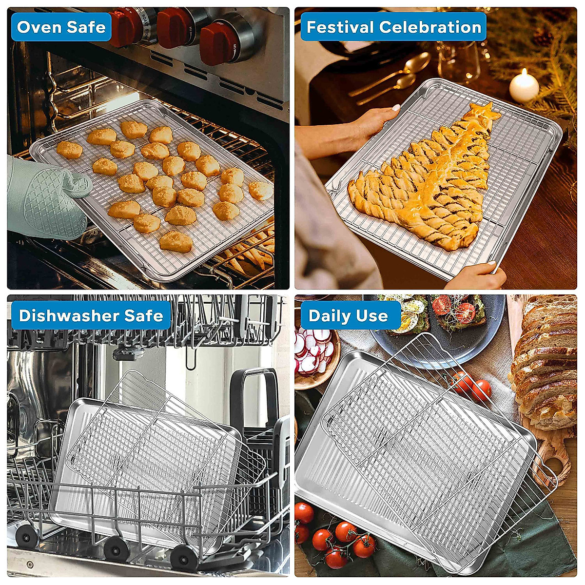 Herogo Baking Pan Sheet with Cooling Rack Set for Oven, 18 x 13 x 1 Inch, Stainless Steel Fluted Bakeware Cookie Sheet Tray Non-stick, Dishwasher Safe