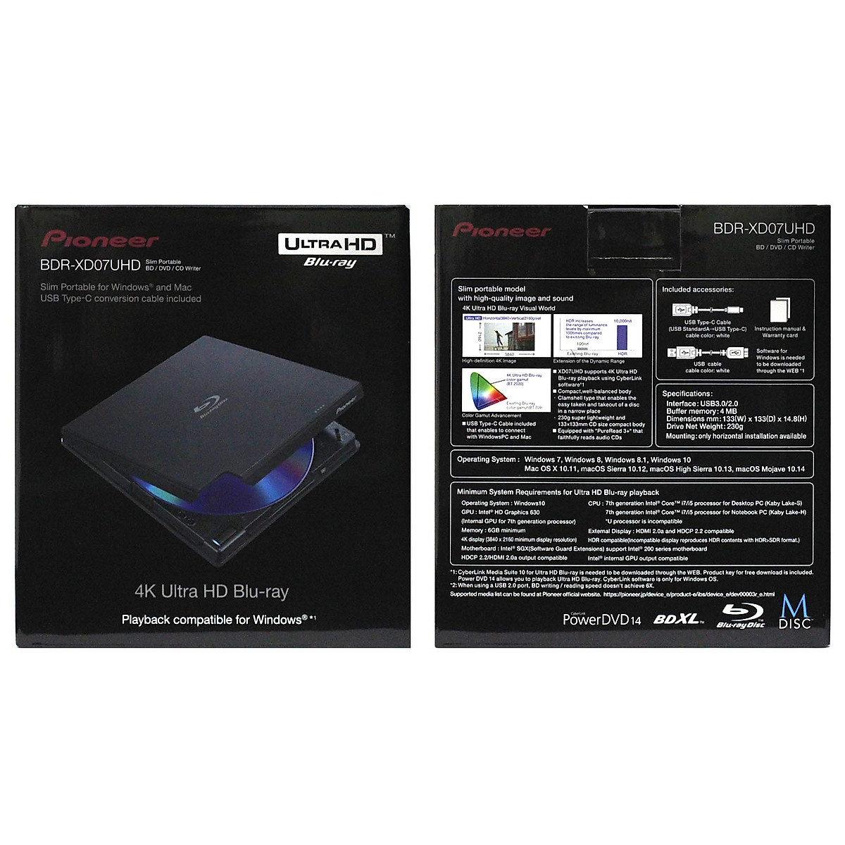 Produplicator Pioneer BDR-XD07UHD Portable 6X Ultra HD 4K Blu-ray Burner External Drive Bundle with Cyberlink Software Download Installation Code and USB Cable - Burns CD DVD BD DL BDXL Discs