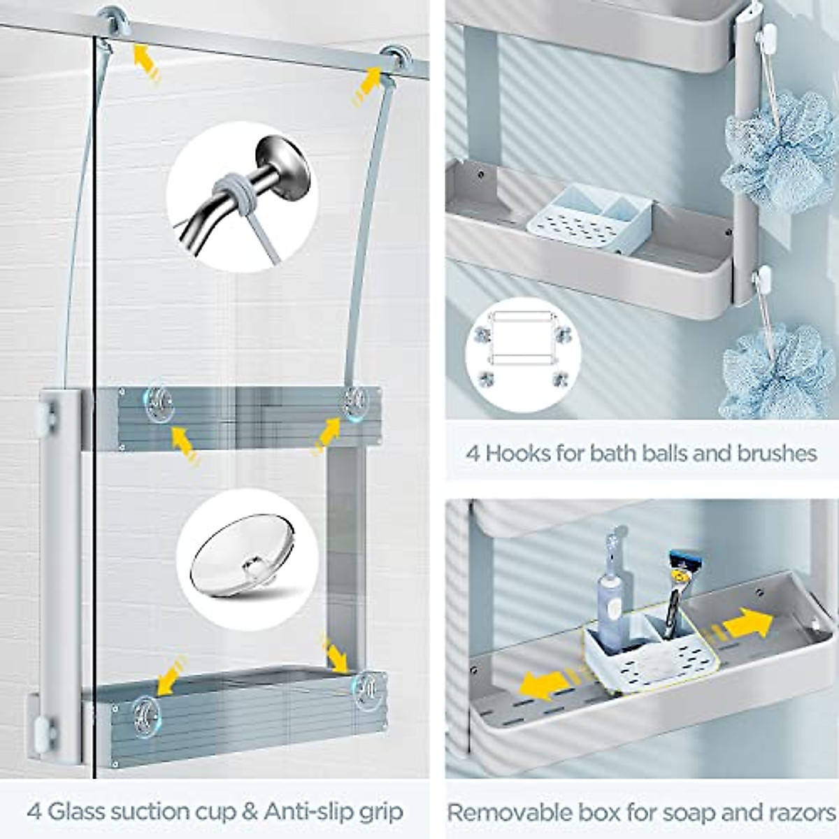 dabria Shower Caddy Hanging, Stable Shower Caddy Over Shower Head with Adjustable Height, 3 in 1 Rust Proof Shower Organizer Shelf, No Drilling, 4 Powerful Suction Cups, Non-Slip Hanging Shower Caddy