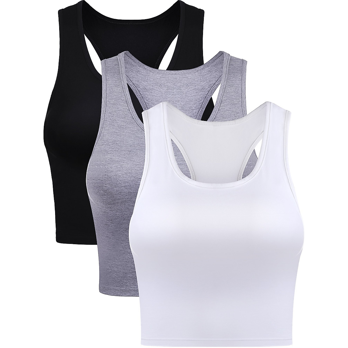 3-Piece Women's Crop Top Set, Workout Sleeveless Racerback Tanks - Black, White, Grey (X-Large)