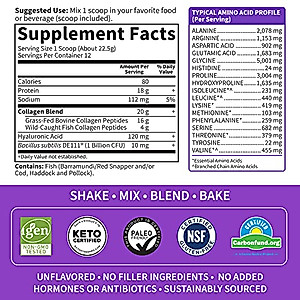Garden of Life Marine & Grass-Fed Collagen Peptides Powder Supplement (Type I, III) with Probiotics, BCAAs & Hyaluronic Acid for Radiant Hair, Skin & Nails – Unflavored, 20g per Serving, 12 Servings