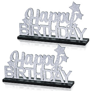 TONIFUL Glitter Silver Letter Happy Birthday Sign Centerpieces for Table Birthday Party Supplies Birthday Favor Decoration for 30th 40th 50th 60th 70th 80th 90th 100th Birthday Table Decoration