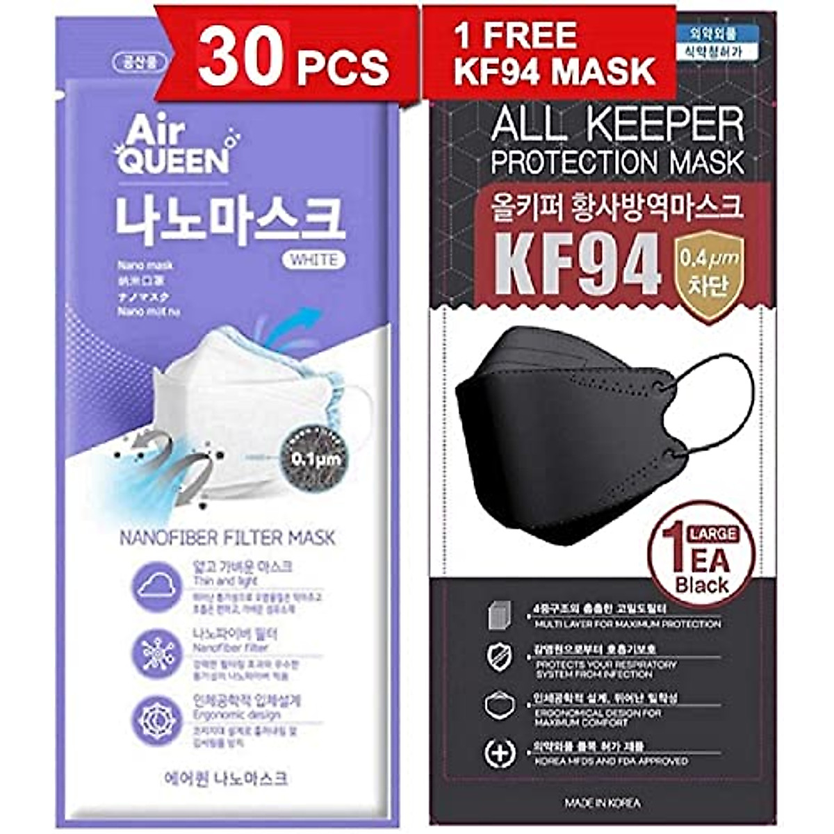 [30 Pack] [Air Queen] White 3-Layers Face Safety Mask for Adult + 1 [Black] All Keeper KF94 Mask [Individually Packaged] [Both Made in KOREA]
