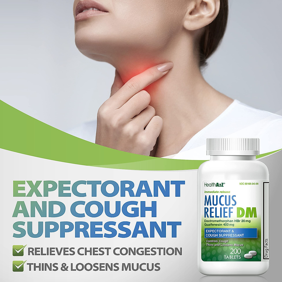 HealthA2Z® Mucus Relief DM | Dextromethorphan HBr 20mg | Guaifenesin 400mg | Cough, Immediate Release, Uncoated (200 Count (Pak of 1))