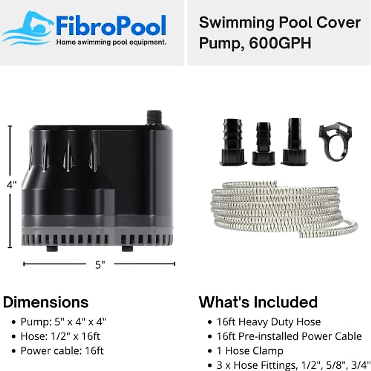 FibroPool Pool Cover Pump (600 GPH) - Submersible Electric Utility Water Pumps - 16 foot Heavy Drain Hose - For All Swimming Pools, Spas and Hot Tubs