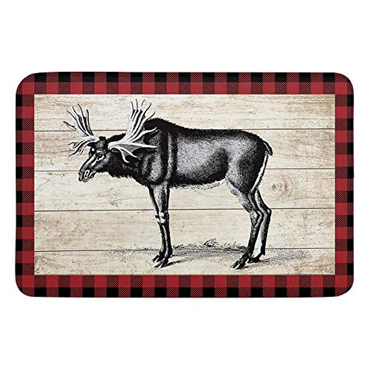 Christmas Bath Rugs Winter Christmas Reindeer Sponge Doormat Absorbent Non Slip Durable Flannel Mat Red Buffalo Plaid Retro Wood Grain Christmas Memory Foam Mats for Bathroom Kitchen 18 x 30 inches