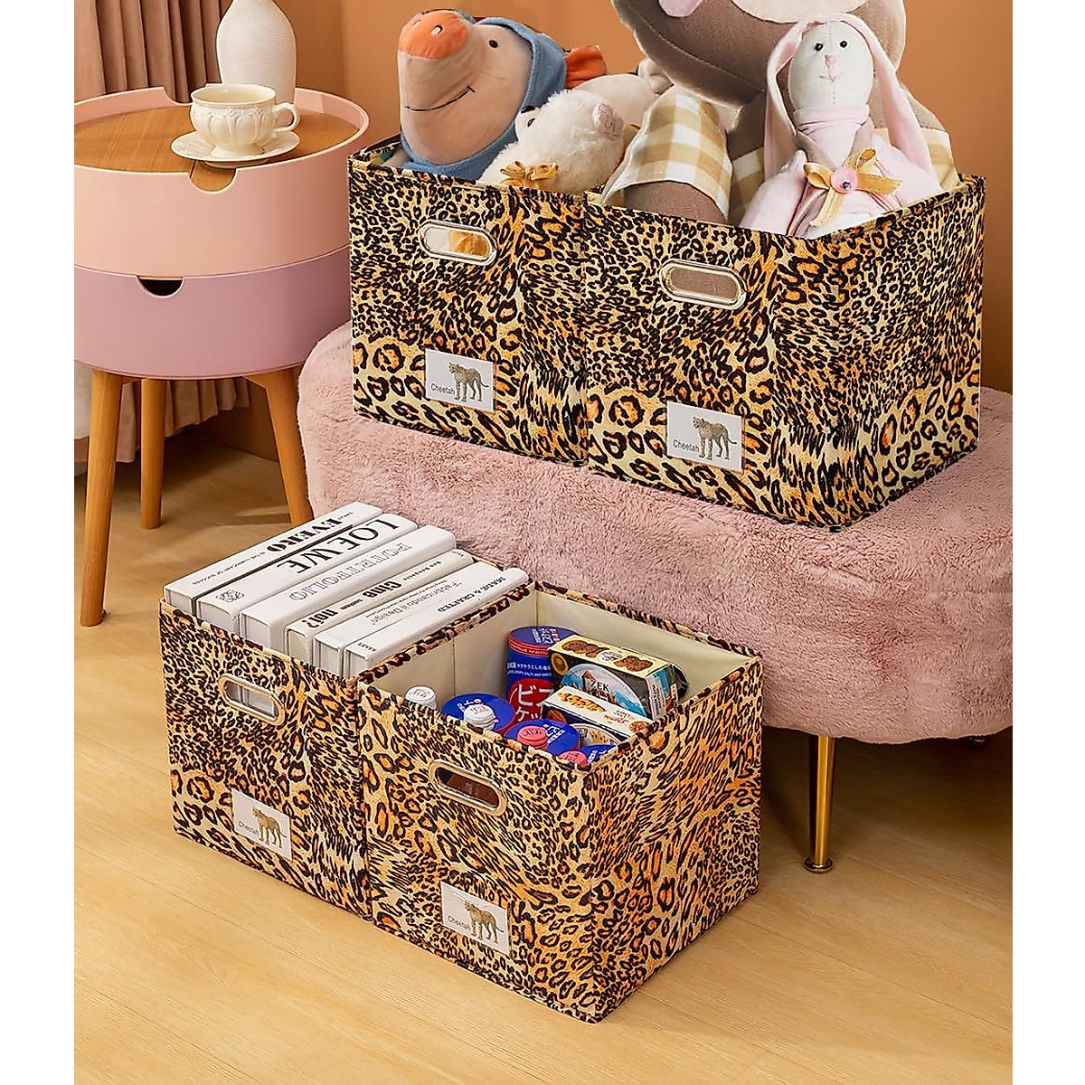 BeigeSwan Foldable Animal Leopard [Set of 4] Cube Storage Bins, Collapsible Fabric Organizer Container Boxes w/ Handles – 11 x 11 x 11 Inches