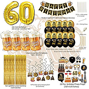 60th birthday decorations for men women - (60pcs) black gold party Banner, 40 Inch Gold Balloons,60th Sign Latex Balloon,Fringe Curtains and cheers to you Foil Balloons,Hanging Swirl,photo props