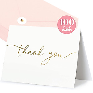 100 Heavyweight Blank Thank You Cards with Envelopes - Blank Cards and Envelopes - Thank You Cards Wedding with Envelopes Set - Gold Script Thank You Notes - Thank You Cards Bridal Shower (100 Pack)