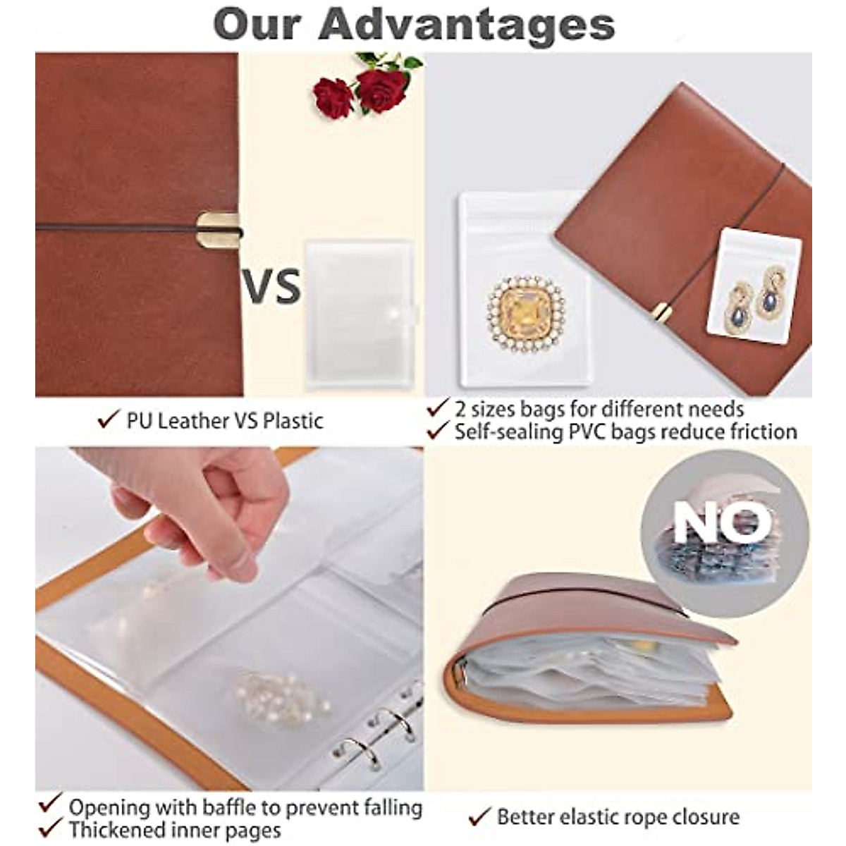 ChezMax Jewelry Organizer, Jewelry Storage Book with Pockets, Foldable Earrings Travel Album, PU Leather Accessories Holder Booklet for Bracelets Necklace Rings (64 Grids+64 Anti-Oxidation PVC Bags)