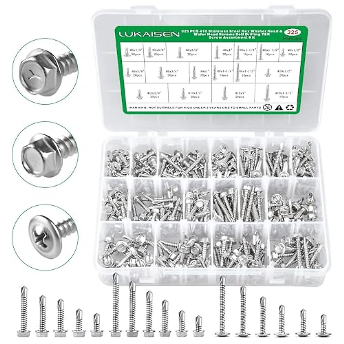 325Pcs Self Drilling Screws Assortment Kit, 410 Stainless Steel Self Tapping Sheet Metal TEK Screws for Metal, Truss & Hex Washer Head #8#10-1/2",5/8",3/4",1",1-1/4",1-1/2"