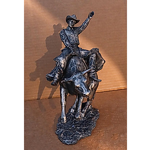 Ebros Rustic Western Rodeo Bull Rider Cowboy On Rearing Angry Bull Statue 10" Tall Faux Bronze Resin Old World Wild West Cattle Bull Riding Cowboys Themed Accent Figurine