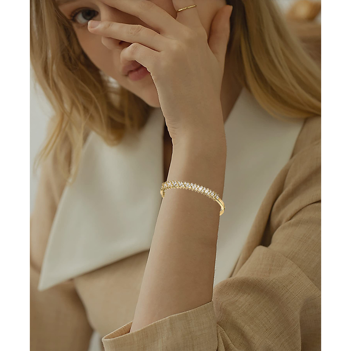 Cowlyn Open Cuff Bangle Cubic Zirconia Classic Tennis Bracelet 14K Gold Plated Jewelry for Women Women