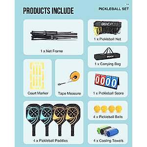 Brenchy Pickleball Set for Home Driveway - Includes 17ft Net, 4 Paddles, 4 Balls, 4 Cooling Towels, 1 Scoreboard, 1 Court Marker, 1 Tape Measure