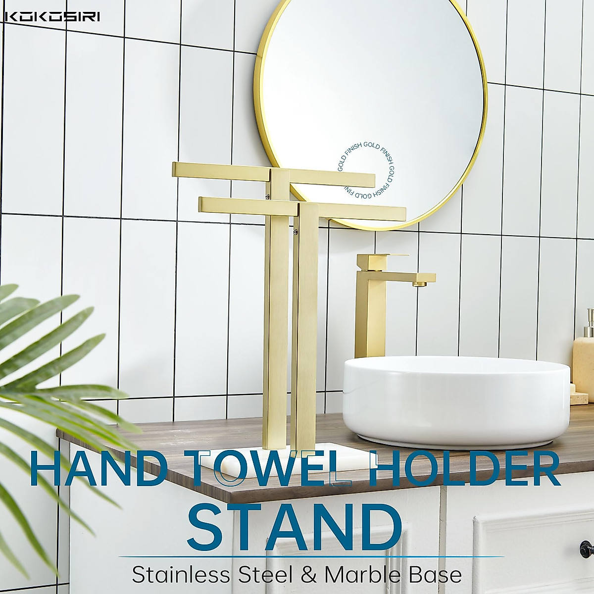 KOKOSIRI Hand Towel Bars Standing Towel Rack with Marble Base for Bathroom Kitchen Vanity Countertop, Gold Stainless Steel 15.7'' Height THS0001-SM-BG