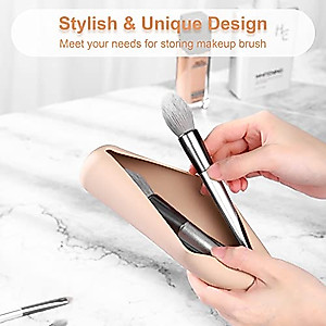 FERYES Travel Makeup Brush Holder, Silicon Trendy and Portable Cosmetic Face Brushes Holder, Soft and Sleek Makeup Tools Organizer for Travel-Khaki