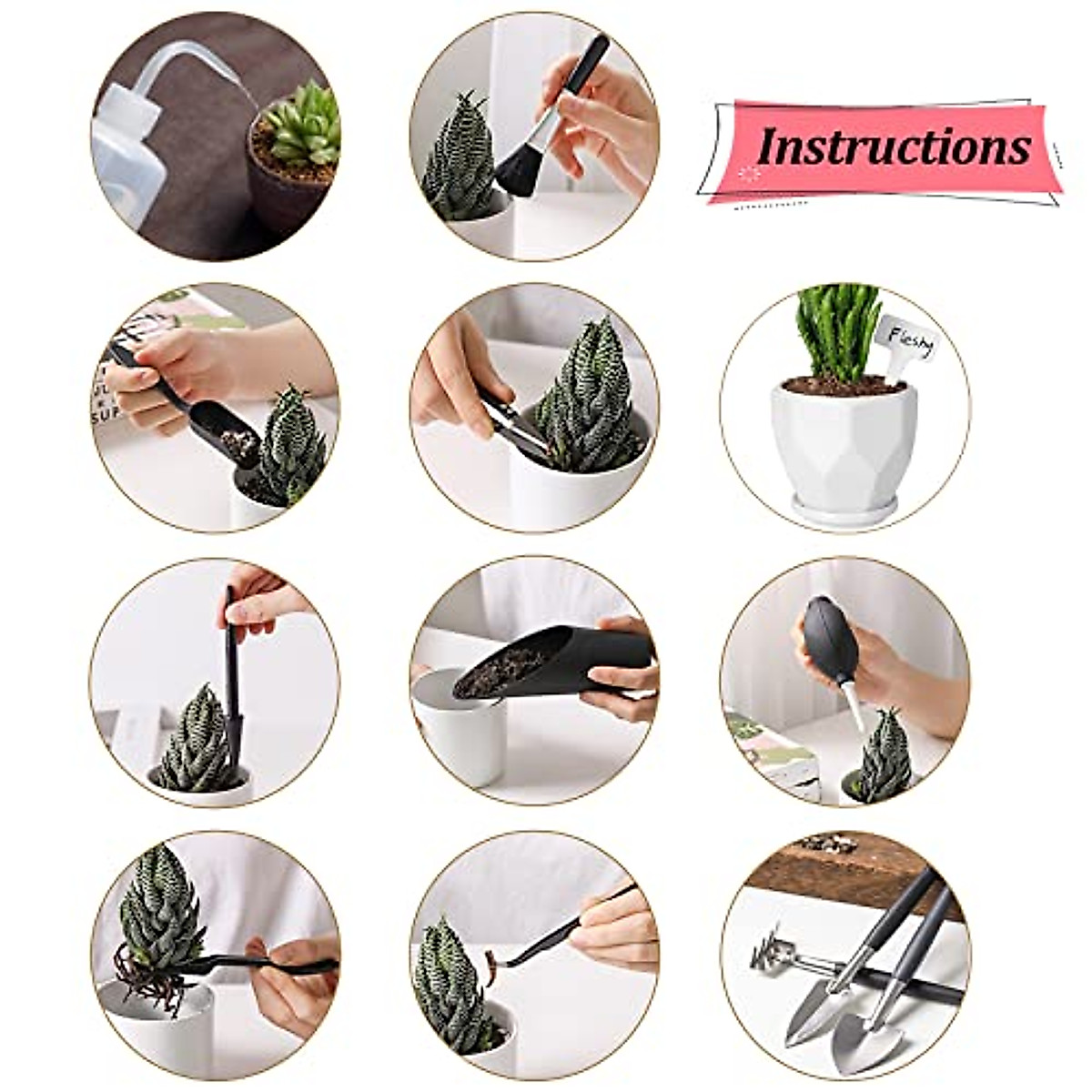 Melphoe 23Pcs Mini Garden Hand Transplanting Succulent Tools Set, 39.4" Thickened Repotting Mat & Plant Tag, Miniature Planting Indoor Fairy Care, Potting, Cactus, Houseplant Bonsai Tool Kit (Black)