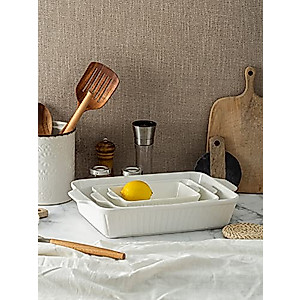 DOWAN Casserole Dishes for Oven, Ceramic Baking Dishes for Oven Set of 3, Lasagna Pan Deep, Baking Pan Set Rectangular Casserole Dish Set with Handles for Baking, White (15.6''/12.2''/8.9'')
