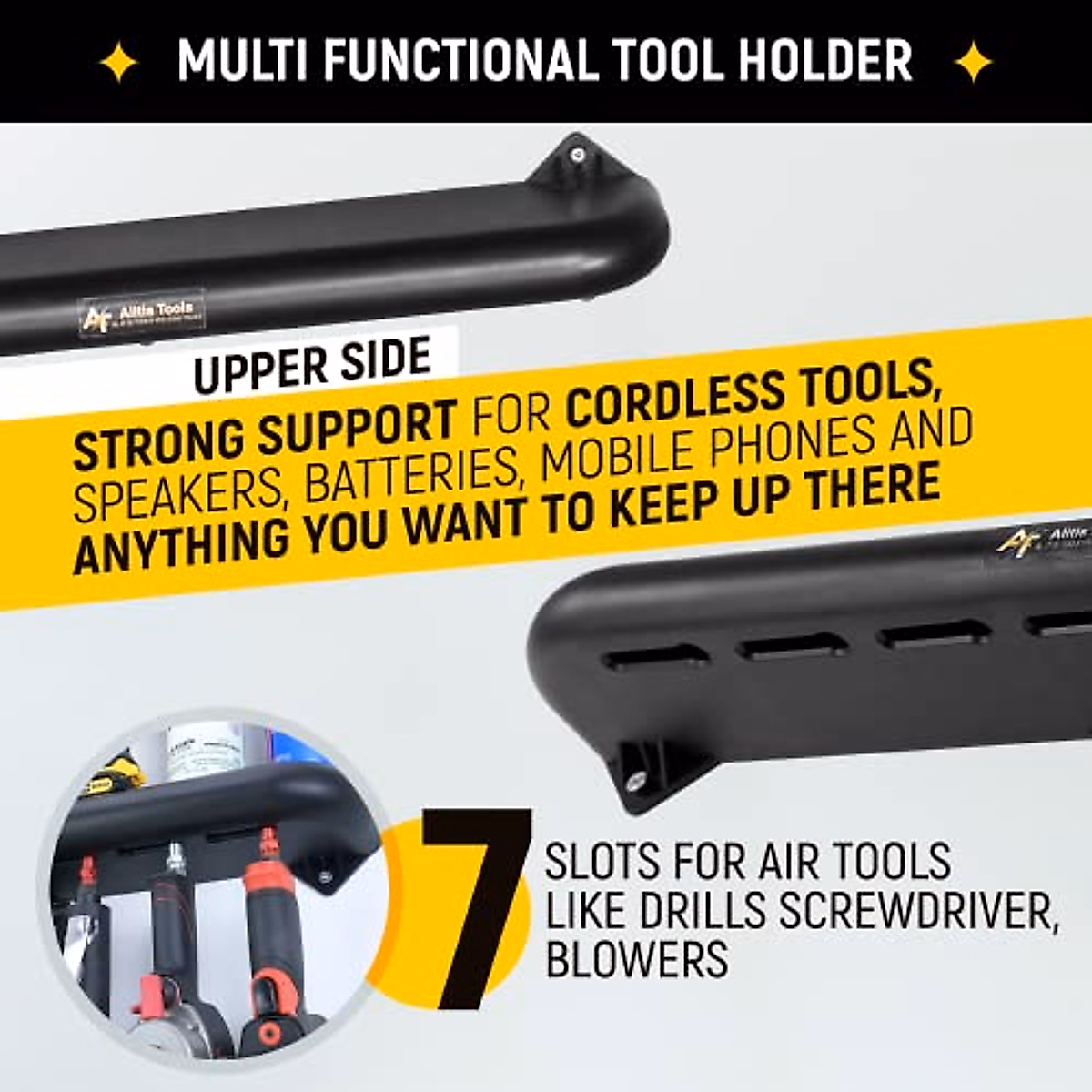 AT Universal Air Tools Holder with 7 Slots - Alitis Heavy Duty Garage Power Tool Organizer Wall Mount Plastic Cordless Power Tool Organizer and Storag