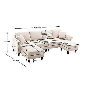 HomSof U-Shape Sectional Sofa Set for Living Room, Mid Century Modern Couch with Chaise and Ottoman, Beige