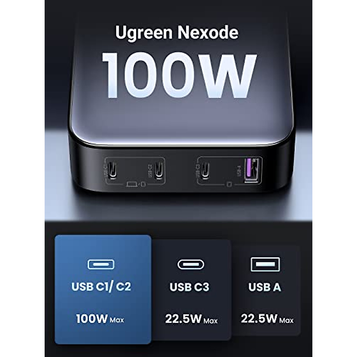 UGREEN 100W USB C Charger, Nexode 4 Ports USB C Charging Station, GaN Fast Desktop Charger Compatible with MacBook Pro, Dell XPS 15, iPhone 14 Pro Max/13, Galaxy S23 Ultra, iPad, Steam Deck and More
