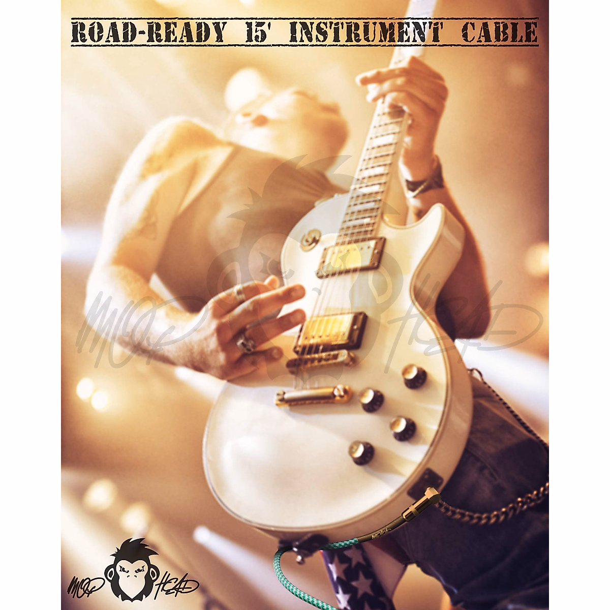 Mophead 15-Foot Guitar Instrument Cable - 1/4 Inch TS to 1/4 Inch TS Right Angle Pro Grade Double Insulated Tweed Braided for Electric Guitar, Bass, Amp, Keyboard (Green and White)