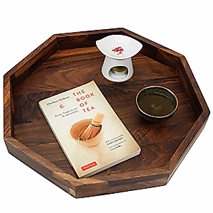 MAGIGO 16 Inches Extra Large Octagonal Black Walnut Wood Ottoman Tray with Handles, Serve Tea, Coffee Classic Wooden Decorative Serving Tray