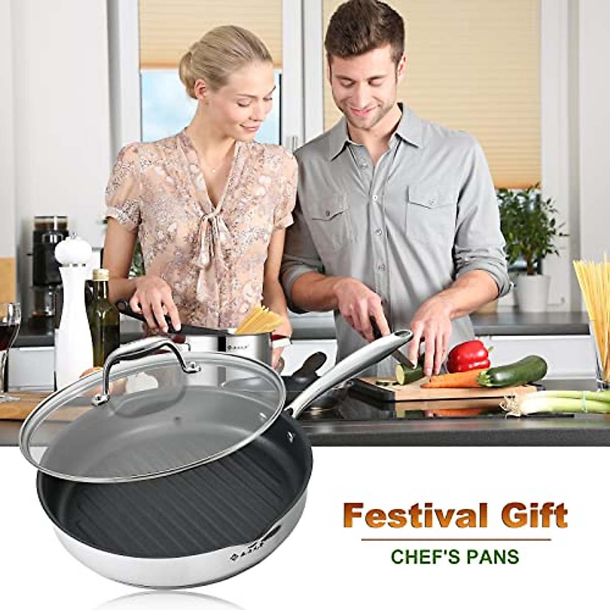 NANFANG BROTHERS Frying Pan 11 inch 316 Food Grade Copper Core Non Stick Frying Pan Set, 3 Ply Compound Pot Bottom, Anti-Scratch Pot Body, Dishwasher Safe (with Pan Lid)