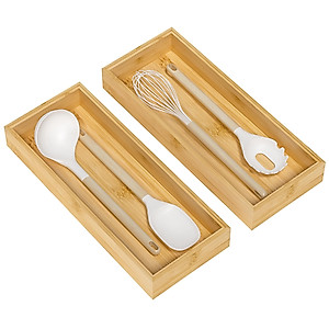 Lixple Bamboo Kitchen Drawer Organizer, Stackable Utensil Holder Silverware Organizer Cutlery Tray - 2PCS Organizer Bins for Makeup Jewelries Flatware in Bathroom, Office Desk, Cabinets, 15x6x2 inch