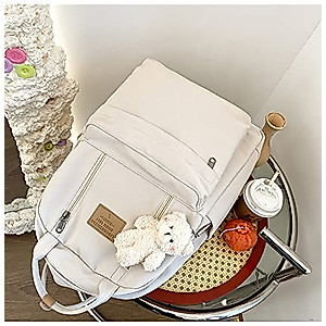 Preppy Backpack with Plushies Cute Vintage Backpack for School Girls Light Academia Bookbags Preppy Aesthetic Backpack (Beige)