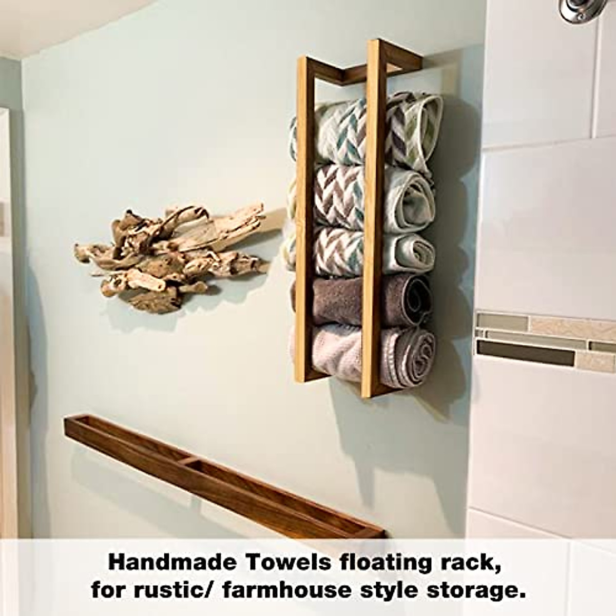 SKYFOOST 32'' Blanket Wall Rack, Made of Natural Bamboo, Handmade Blanket Holder for Room Wall Mounted, Floating Blanket Storage & Display, Wall Decor for Home and Bedroom Organizer