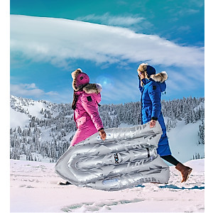 POZA Inflatable Silver Snow Boogie Sled – Luxurious Snow Sled with Handles and Filled with Silver Snowflake Confetti – Premium Heavy Duty Cold Resistant PVC Sled for Adults and Kids – 44 Inch